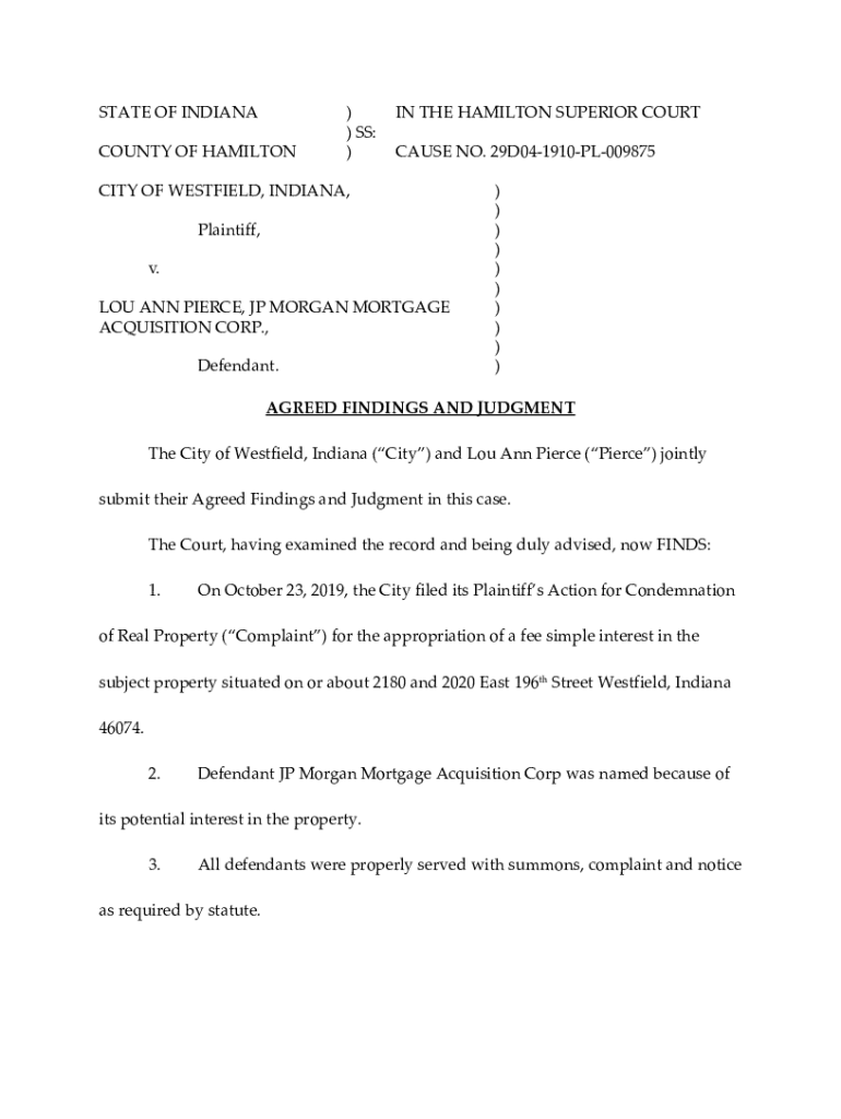 Fillable Online STATE OF INDIANA ) IN THE HAMILTON SUPERIOR COURT ) SS ...