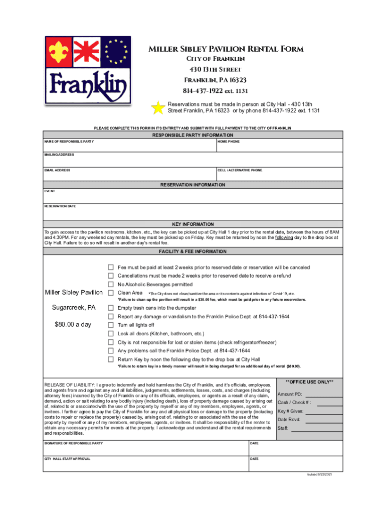 Fillable Online Miller Sibley Pavilion Rental Form Fax Email Print - pdfFiller