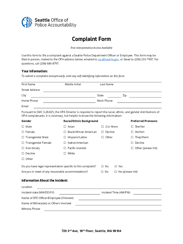 Fillable Online policecomplaints.dc.govservicecomplaint-formsComplaint ...