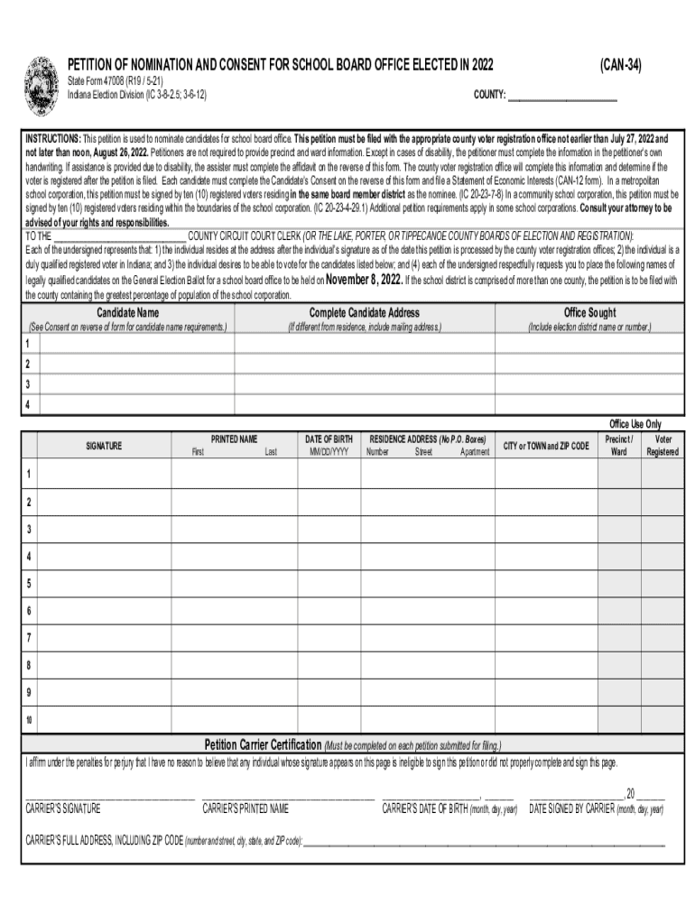 Fillable Online PETITION OF NOMINATION AND CONSENT FOR SCHOOL BOARD OFFICE ELECTED IN 2022 Fax ...