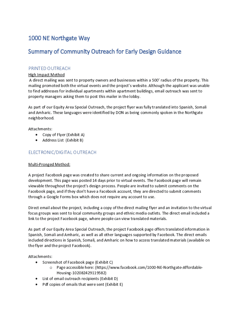 Fillable Online 1000 NE Northgate Way Summary of Community Outreach for ...