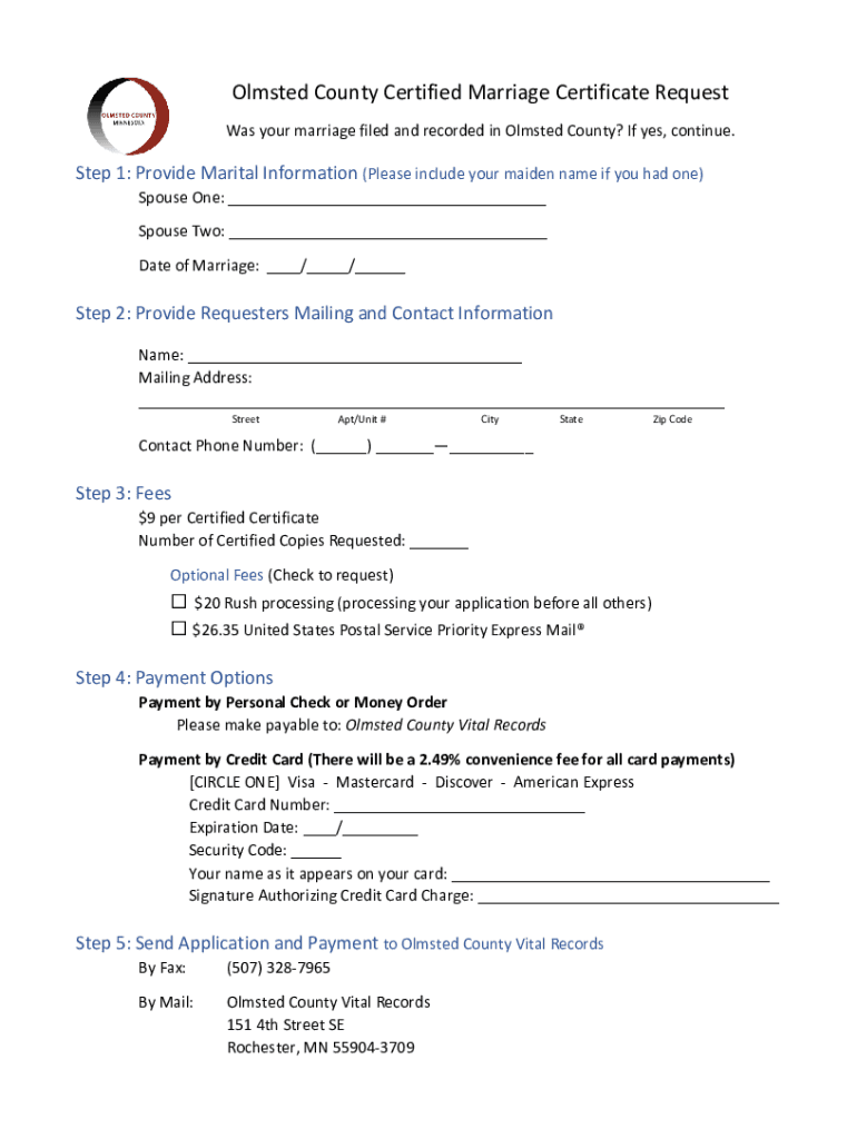 Fillable Online Olmsted County Certified Marriage Certificate Request ...