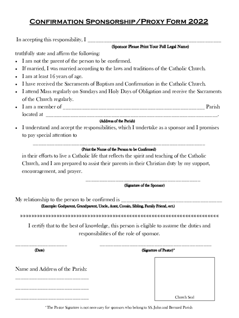 Fillable Online Confirmation Sponsors Requirements & Role - Parish of ...