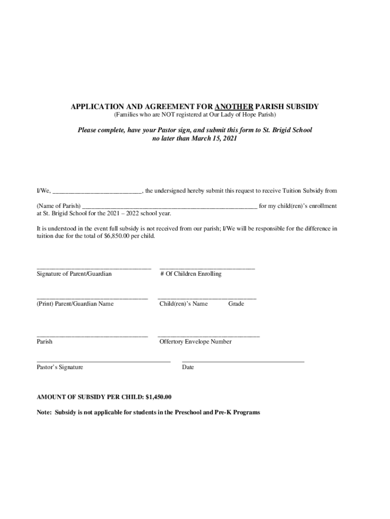 Fillable Online APPLICATION AND AGREEMENT FOR ANOTHER PARISH SUBSIDY Fax Email Print - pdfFiller