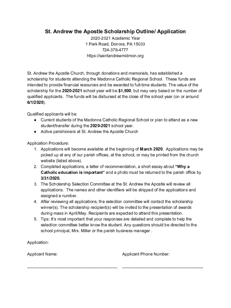 Fillable Online St. Andrew the Apostle Scholarship Outline/ Application ...