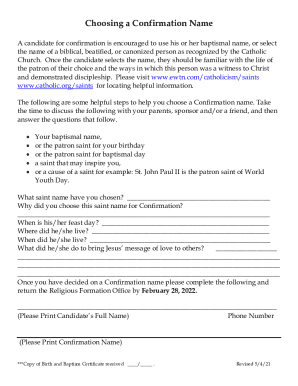 Fillable Online Choosing a Confirmation Name - St. Michael The ...