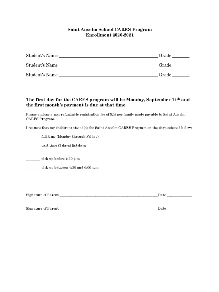 Fillable Online Extended Care Program - St. Anselm School Fax Email Print - pdfFiller