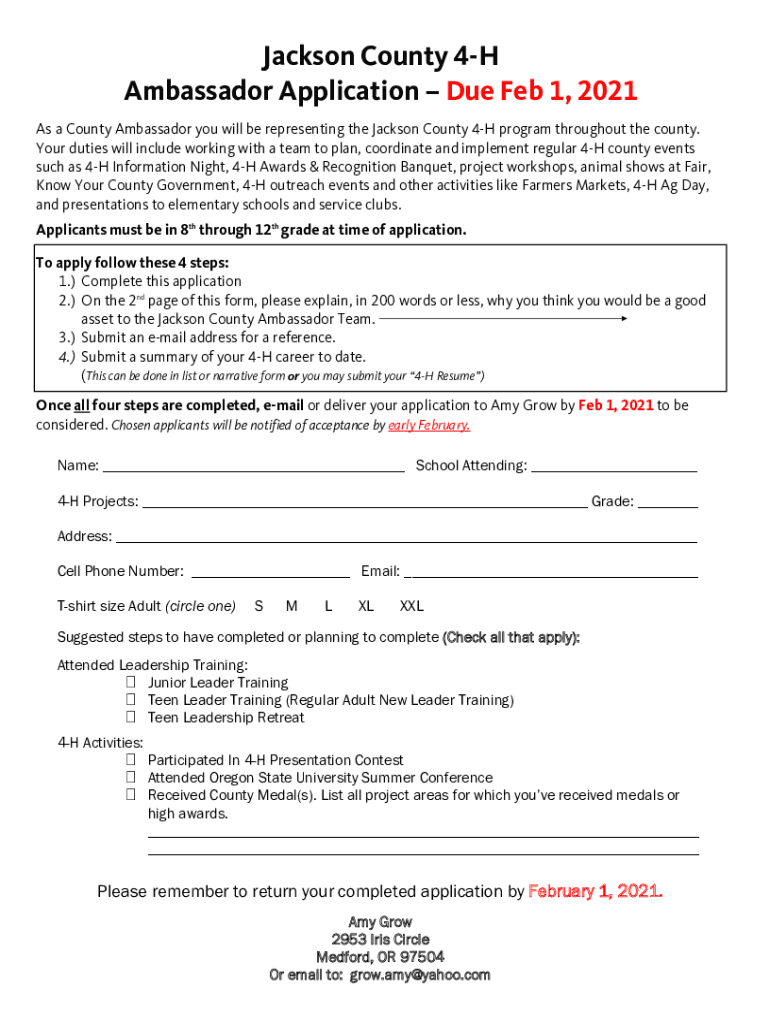 Fillable Online extension oregonstate 4-H Ambassador Application ...