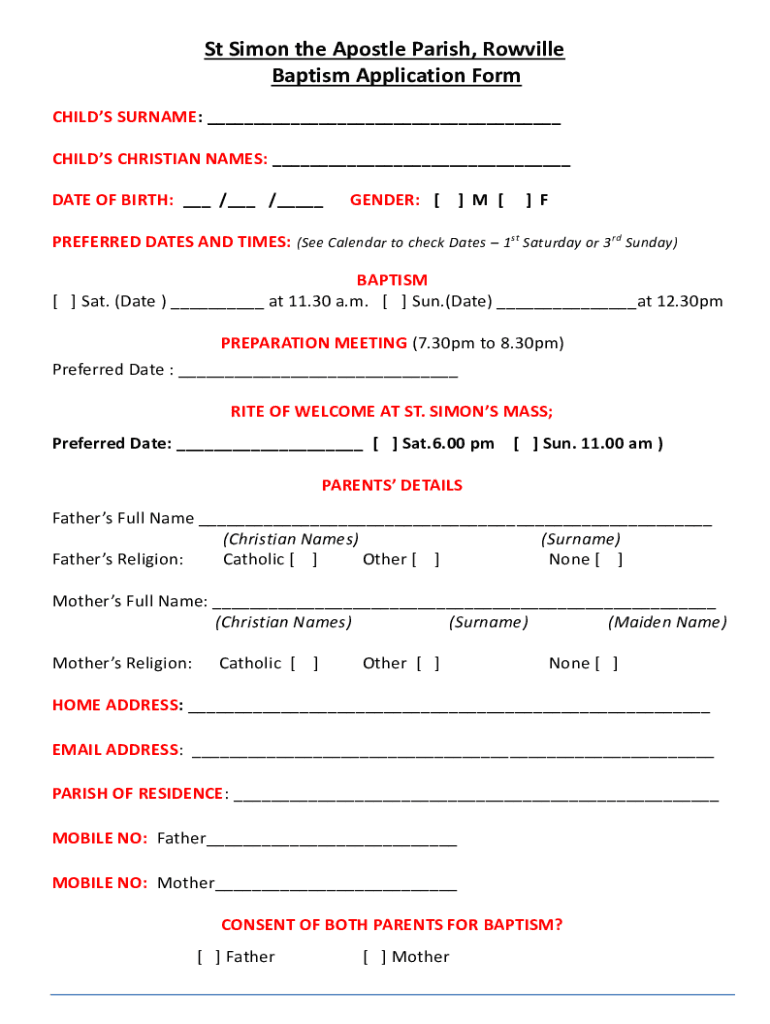 Fillable Online St Simon the Apostle Parish, Rowville Baptism ...