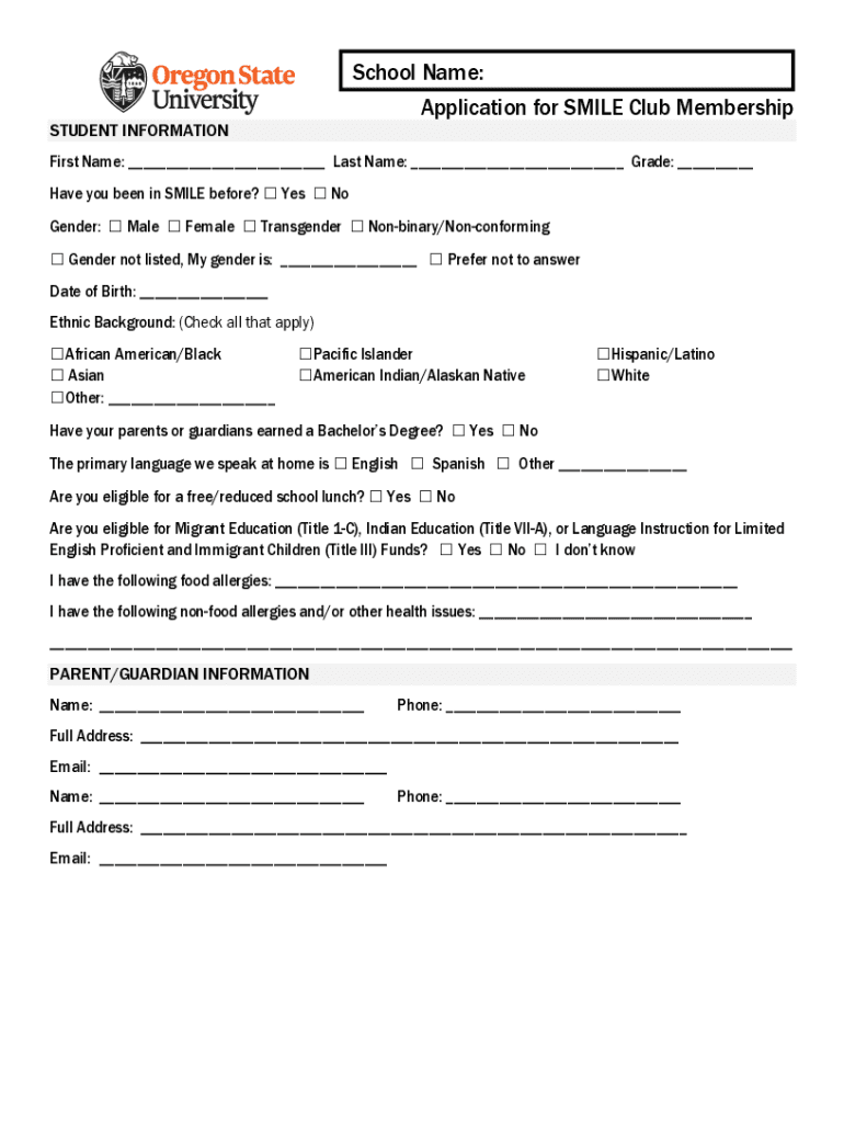 Fillable Online smile oregonstate School Club Application Form ...