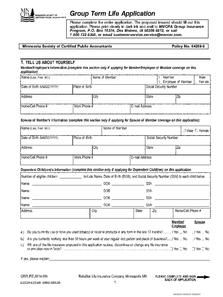 Fillable Online ebview.com77399AOPAGroupTermLifeA19009GROUP TERM LIFE ...