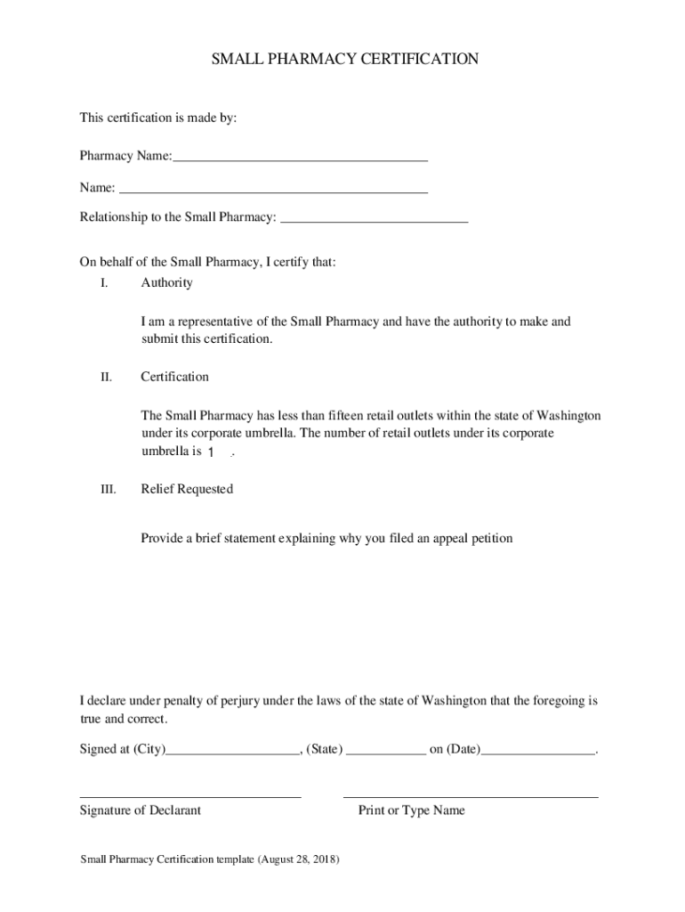 Fillable Online Small Pharmacy Certification. Use this template to ...