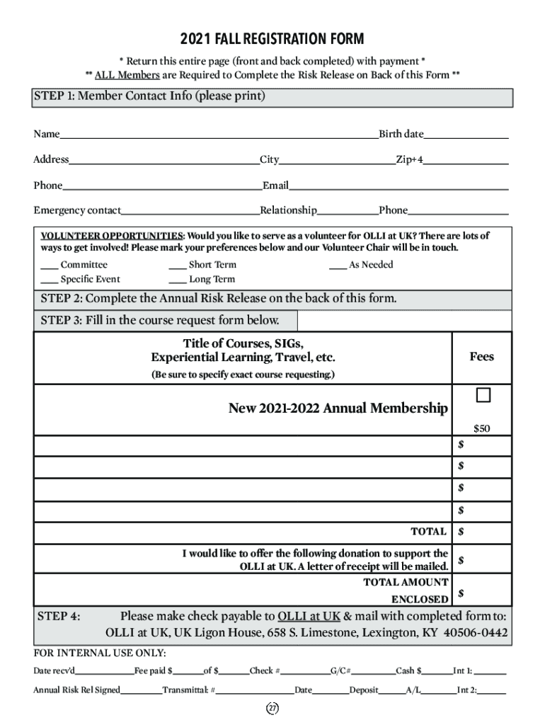 Fillable Online 2021 FALL REGISTRATION FORM - University of Kentucky ...