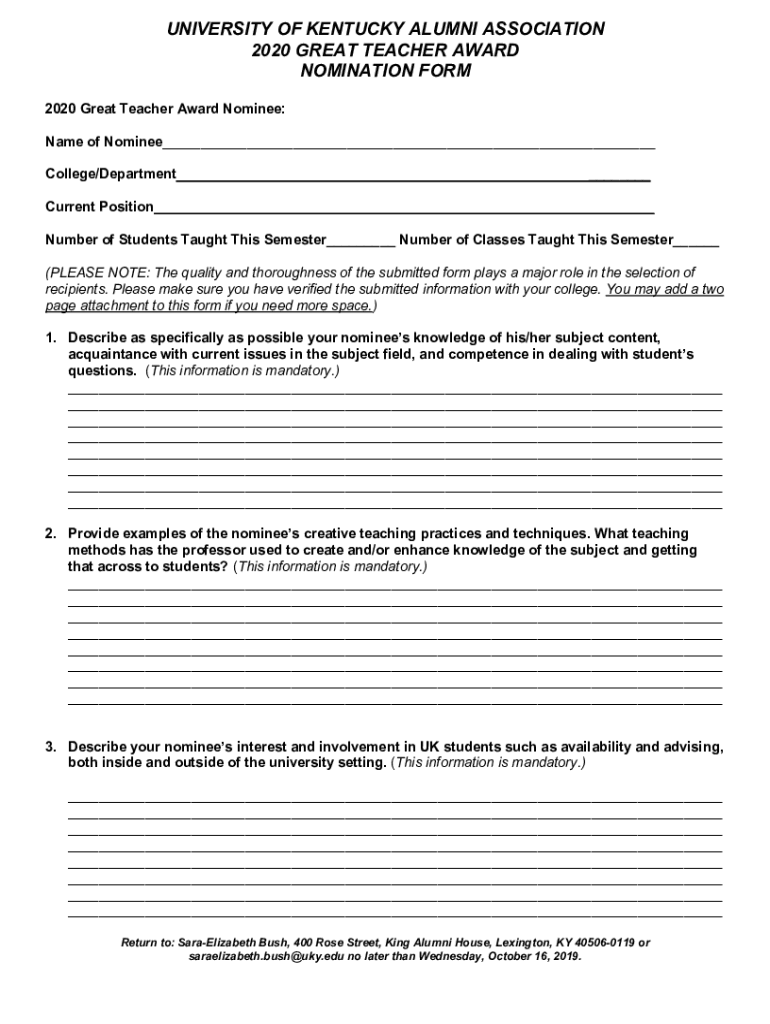 Fillable Online 2020 Great Teachers Nomination Form - University of ...