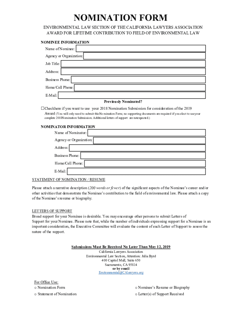 Fillable Online 2019 Lifetime Achievement Award Nomination Form Fax Email Print - pdfFiller