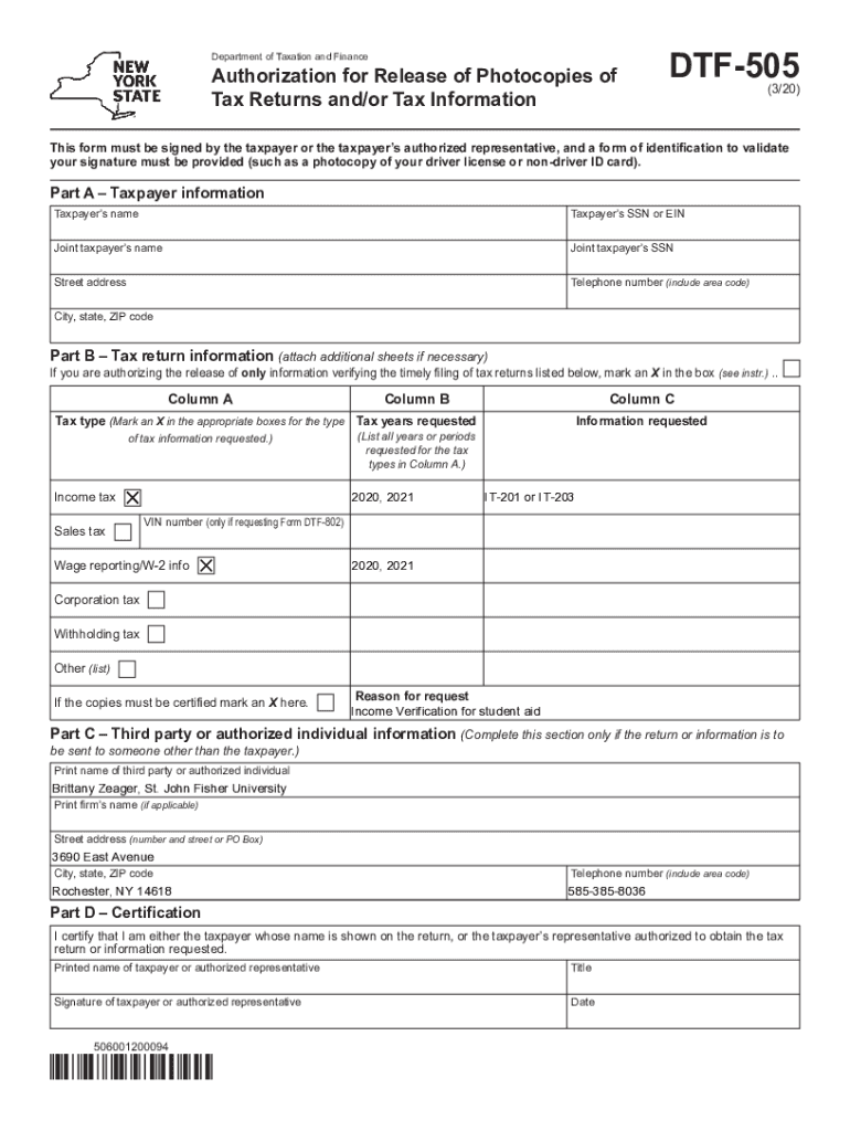 Fillable Online Form DTF-505:3/20:Authorization for Release of ...