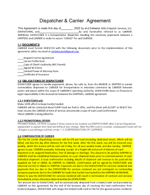 Fillable Online Dispatch Carrier AgreementRhodes Logistics Fax Email ...