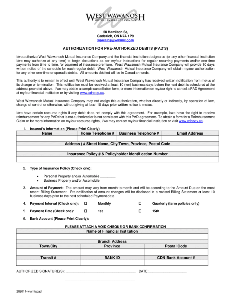 Fillable Online wwmic.com wp-content uploadsAUTHORIZATION FOR PRE-AUTHORIZED DEBITS (PADS) Fax ...