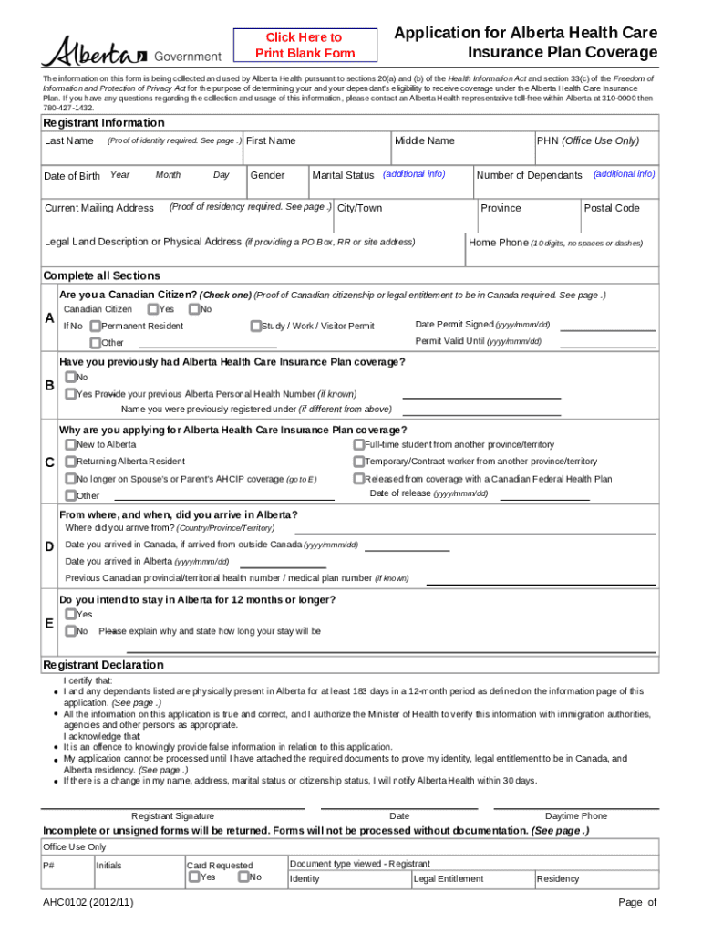 Fillable Online Application for Alberta Health Care Insurance Plan ...