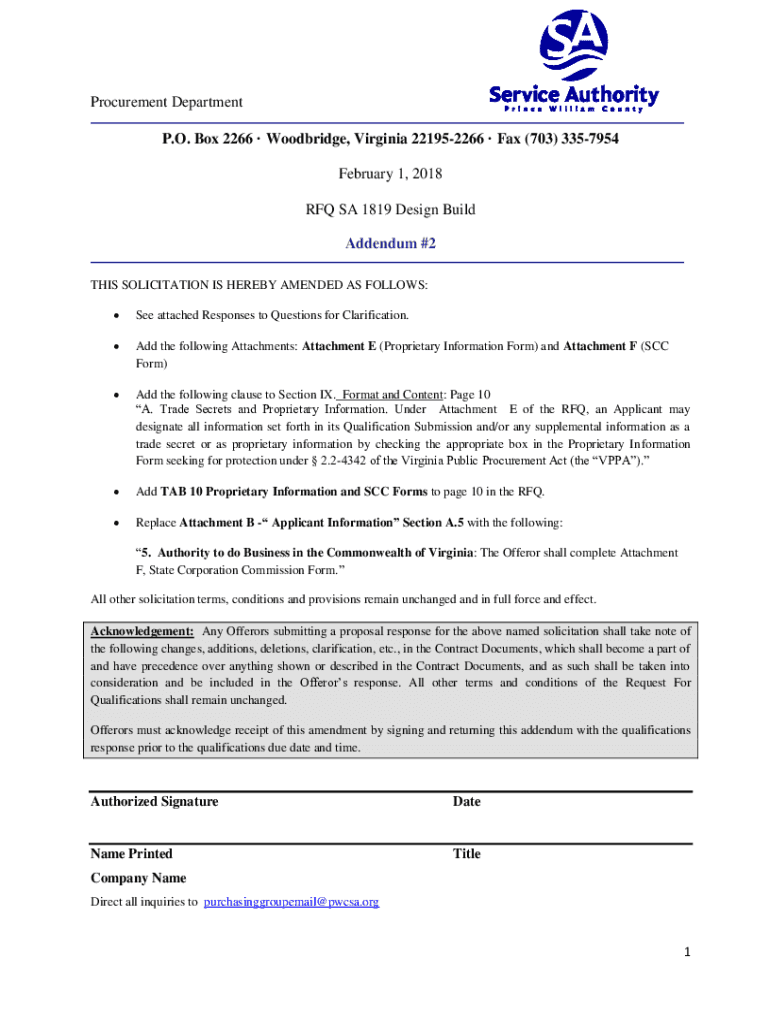 Fillable Online Fillable Online pwcsa Procurement Department P.O. Box ...