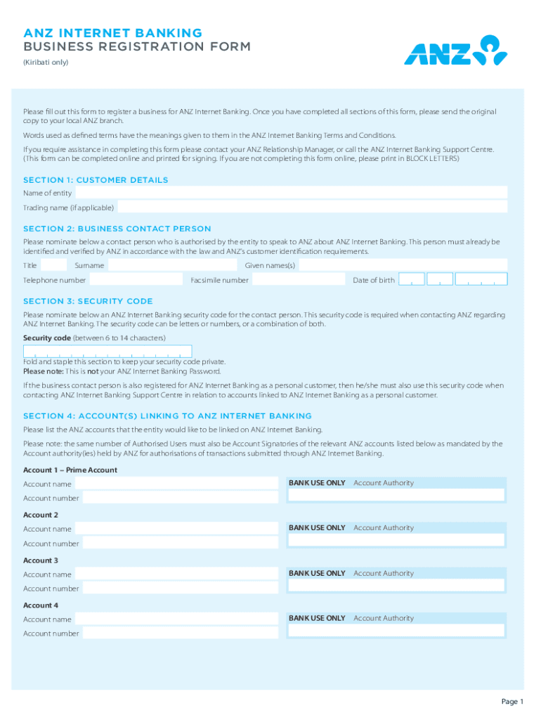 Fillable Online ANZ Internet Banking Business registration Form Fax ...