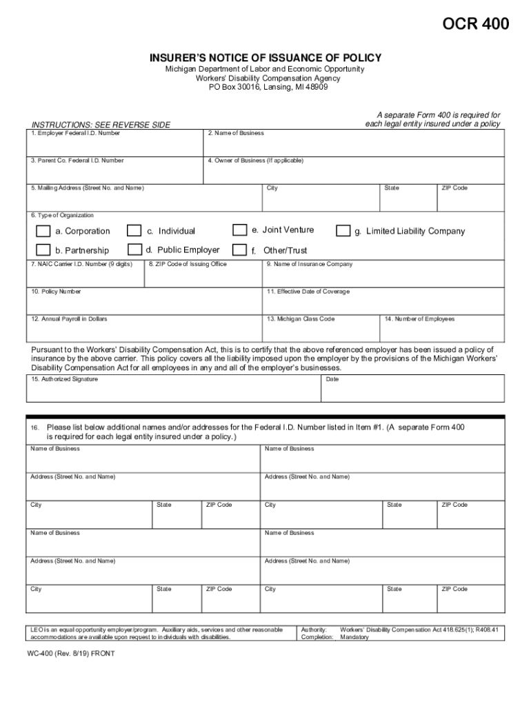 Fillable Online Form WC-400. Insurer's Notice of Issuance of Policy Fax ...