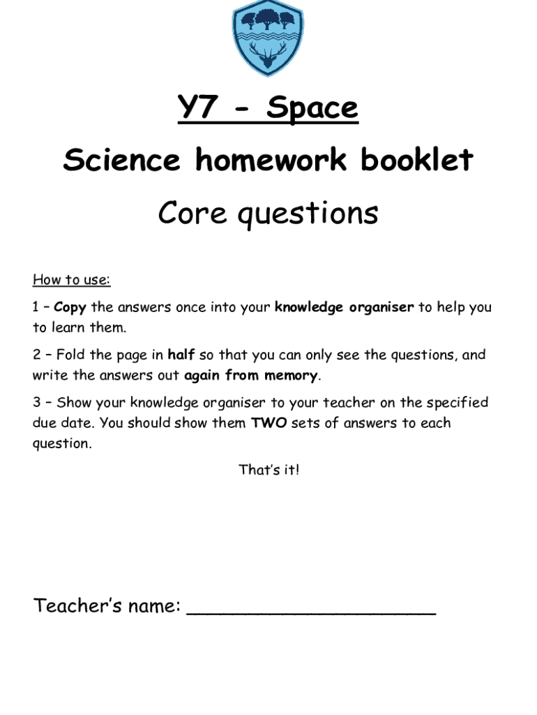 Fillable Online Y7 - Space Science homework booklet Core questions Fax ...