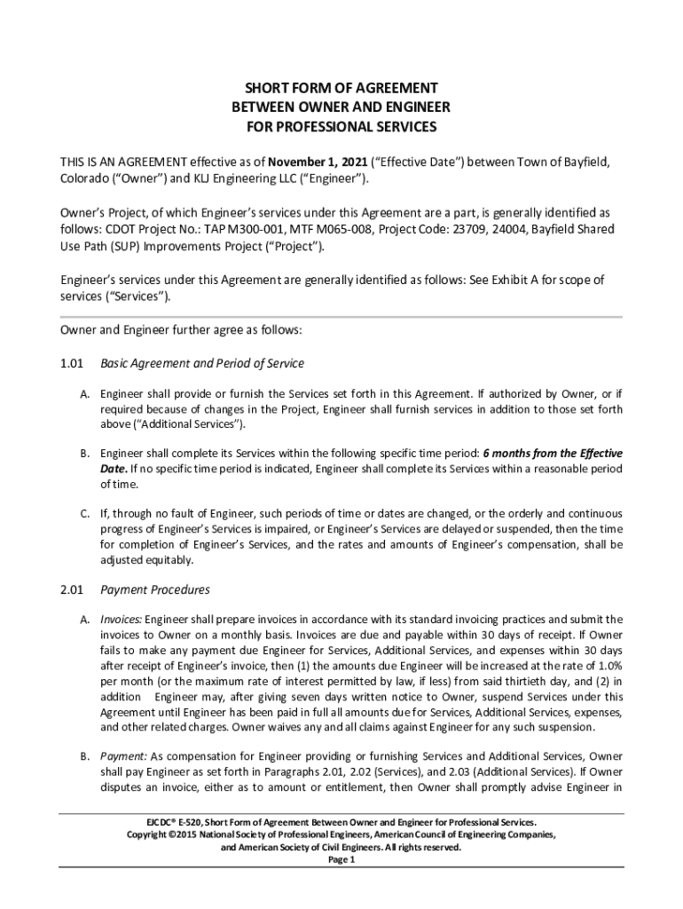 Fillable Online andoverks.civicweb.netdocument15234SHORT FORM OF AGREEMENT BETWEEN OWNER AND ...