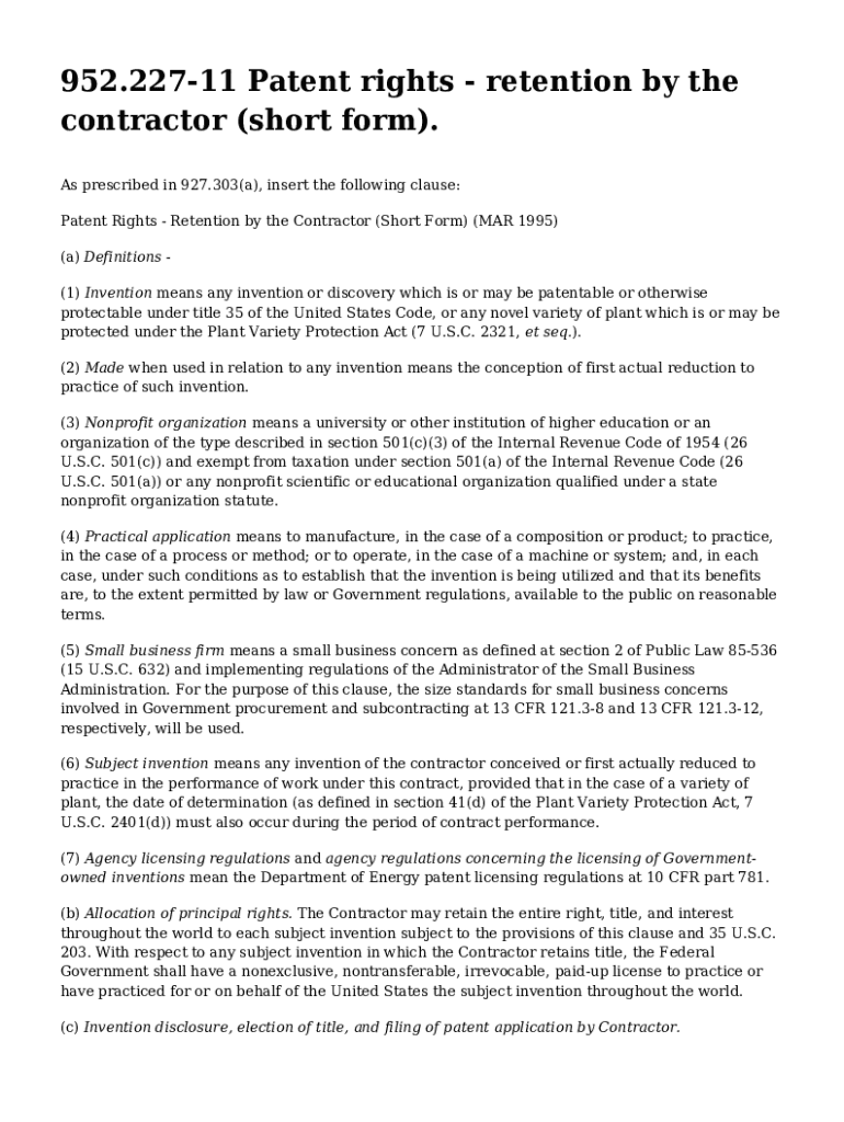 Fillable Online 952.227-11 Patent rights - retention by the contractor ...