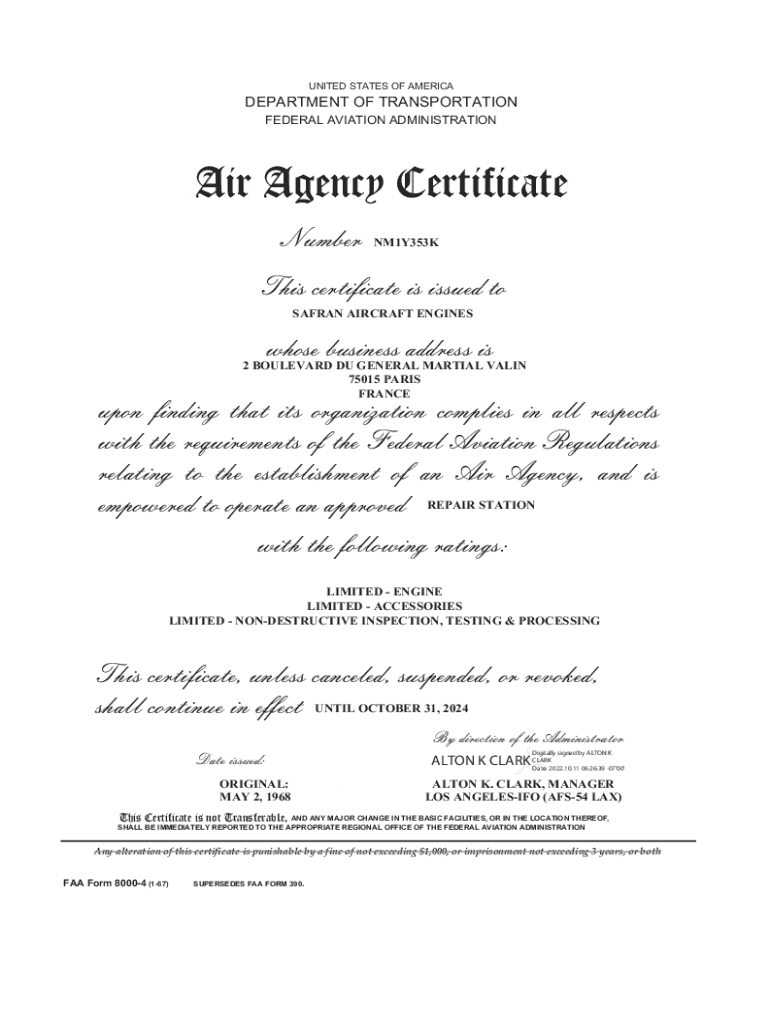 Fillable Online FR NM1Y (B) CURRENT AIR AGENCY CERTIFICATE DATED 2022 ...