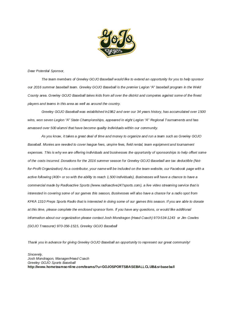 Dear Potential Sponsor, The Post Falls Baseball Club ... AWS Doc ...