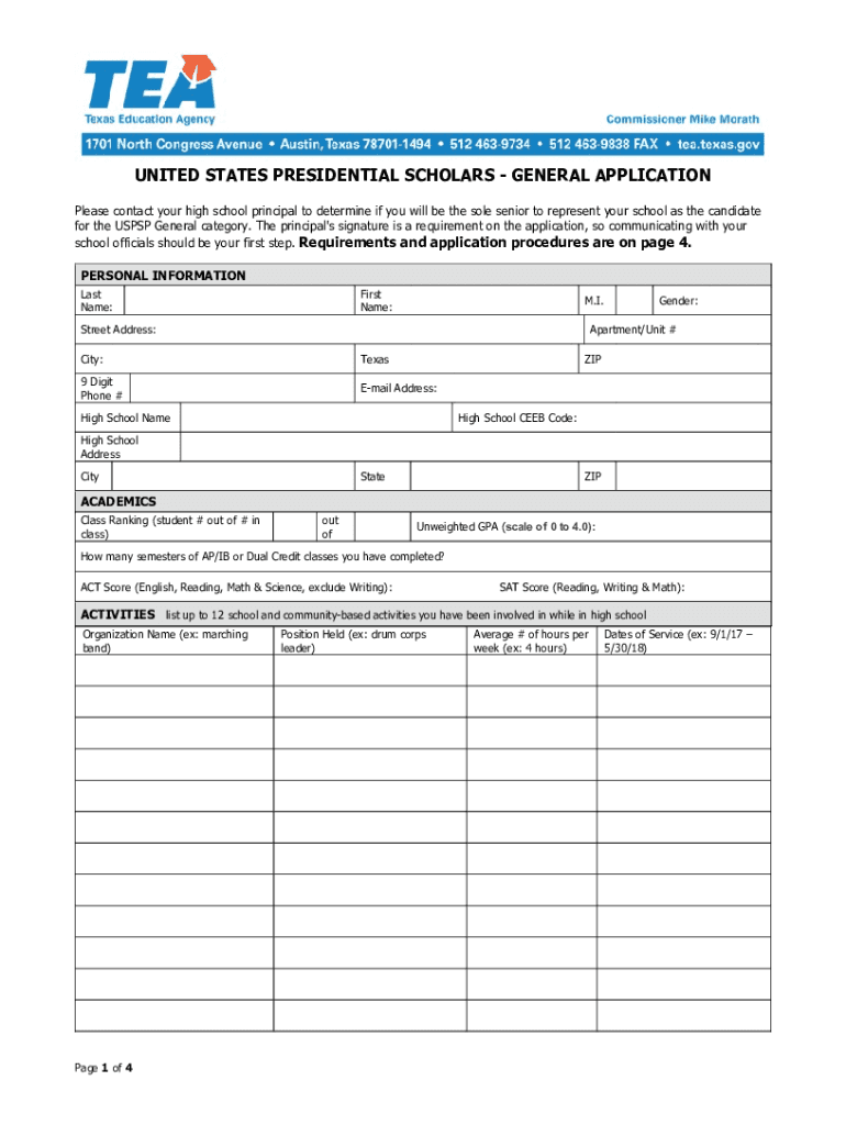 Fillable Online united states presidential scholars - general ...