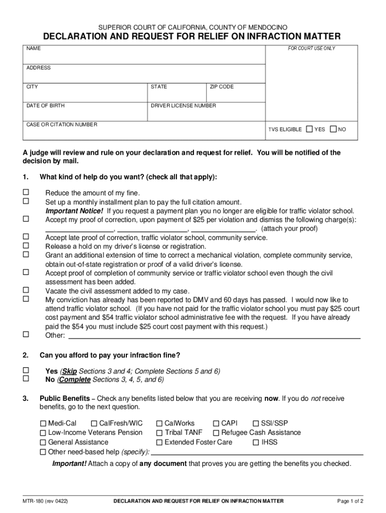 Fillable Online DECLARATION AND REQUEST FOR RELIEF ON INFRACTION ...