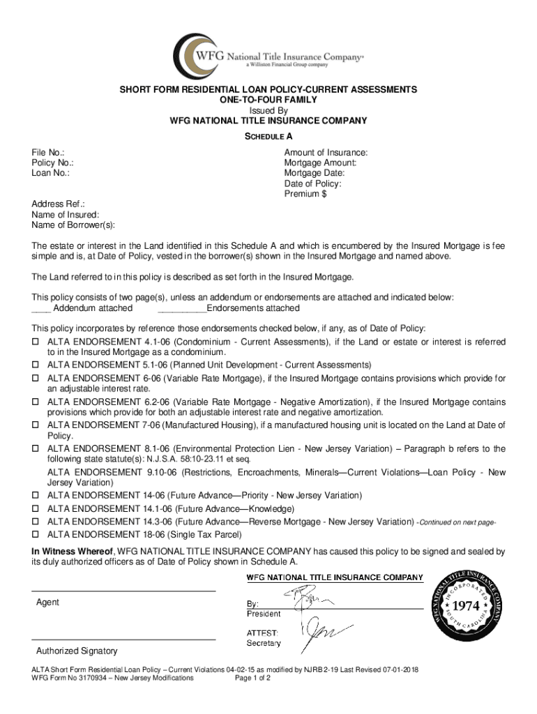 Fillable Online short form residential loan policy-current assessments ...