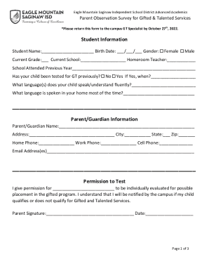 Fillable Online Parent Observation form 2022 (English and Spanish) kinder and 5th Fax Email ...