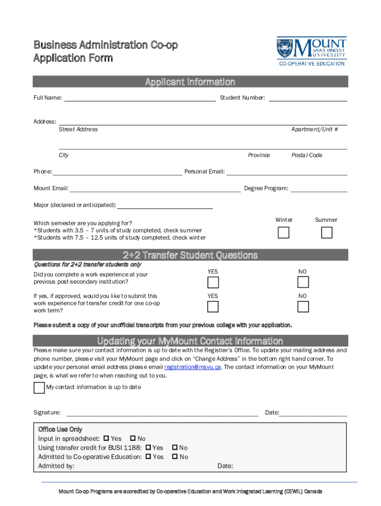 Fillable Online Co-op Forms for UndergraduatesExplore CareerCo Op City ...