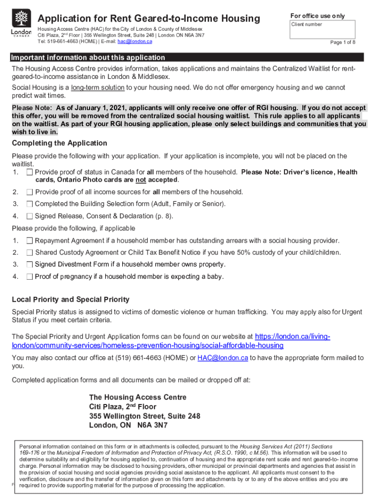 Fillable Online Application for Rent Geared-to-Income Housing - London ...