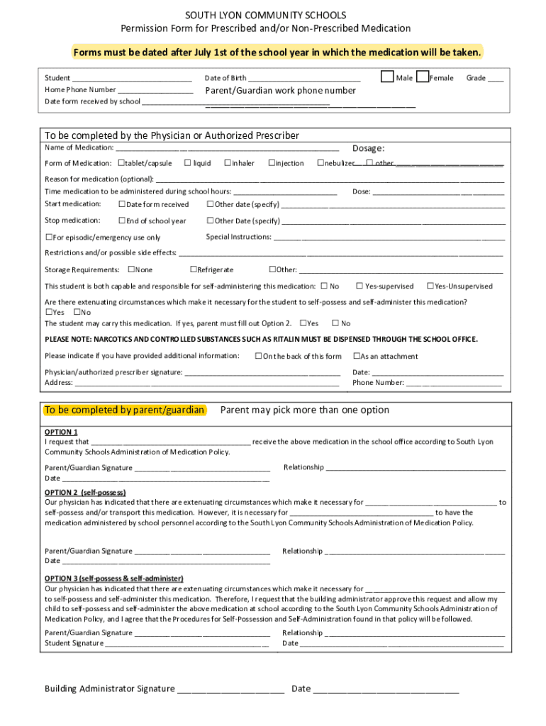 Fillable Online cms4files1.revize.comsouthlyonschoolsMedicationSOUTH ...