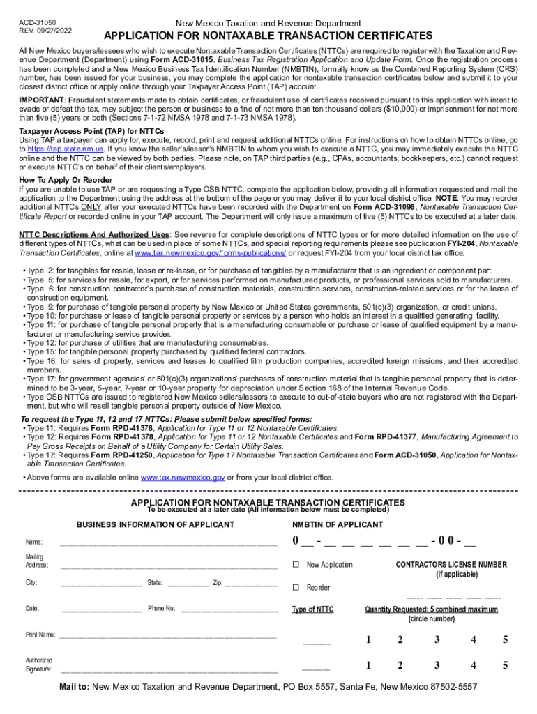 APPLICATION FOR NONTAXABLE TRANSACTION CERTIFICATES ...: Fill out ...