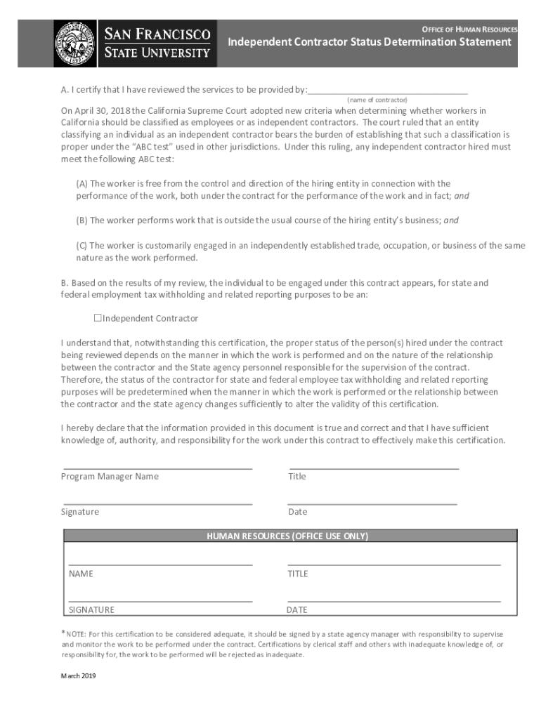 Fillable Online erm.sfsu.edusitesdefaultUMAN Independent Contractor ...