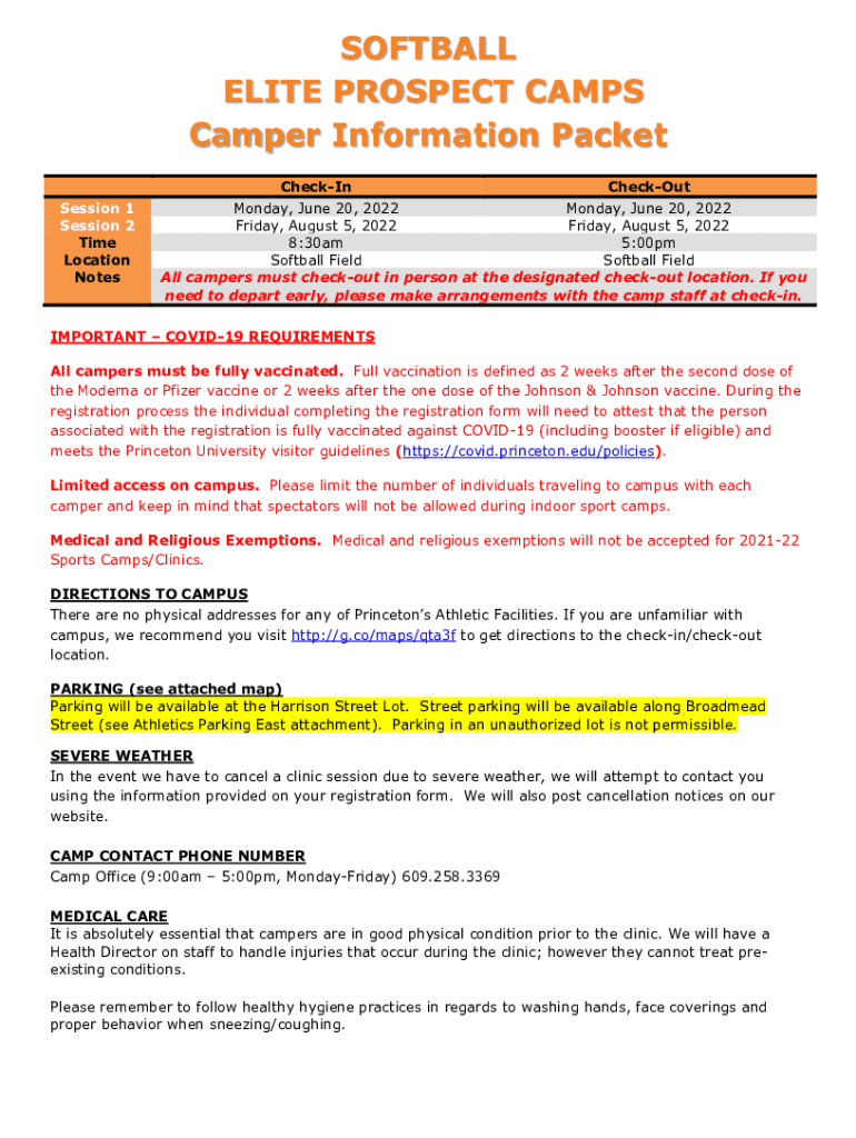 Fillable Online SOFTBALL ELITE PROSPECT CAMPS Camper Information Packet Fax Email Print - pdfFiller