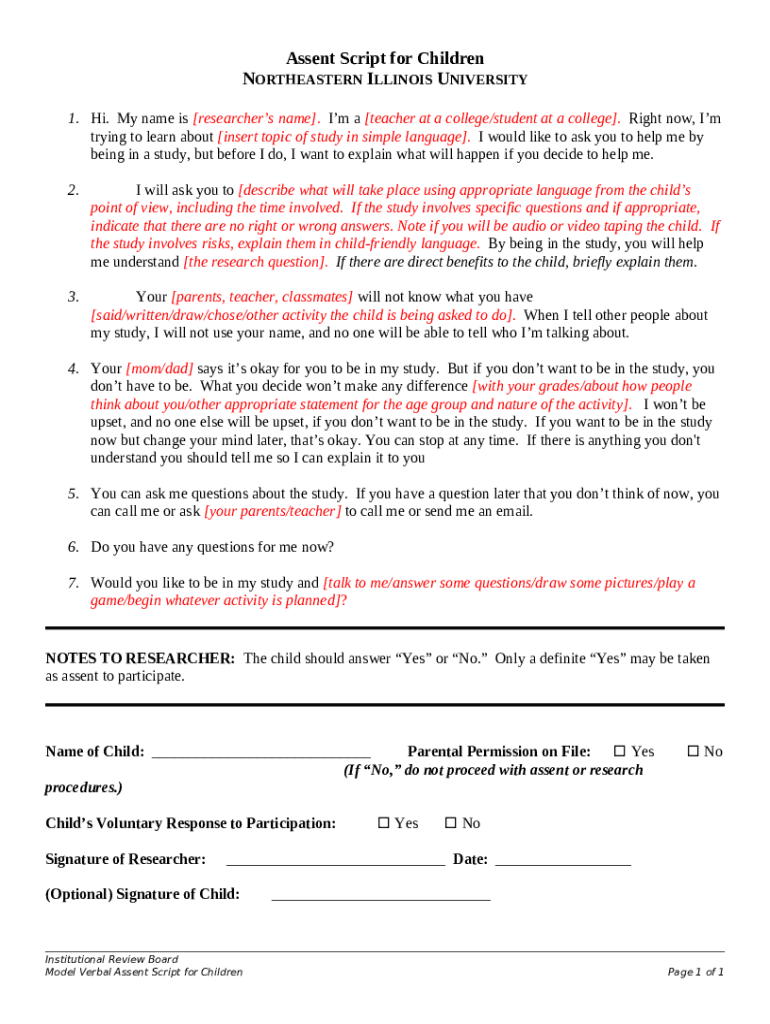 Sample Child Assent for Children under Age 12 Doc Template | pdfFiller