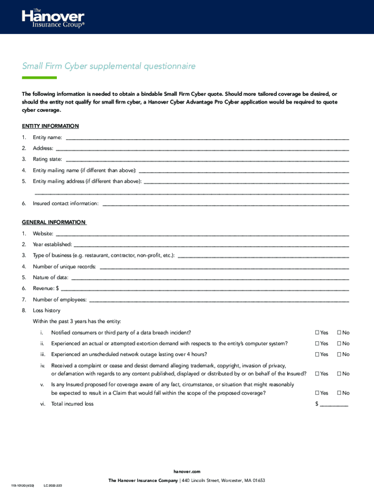 Fillable Online sites.hanover.comlinecdocsSmall Firm Cyber supplemental ...
