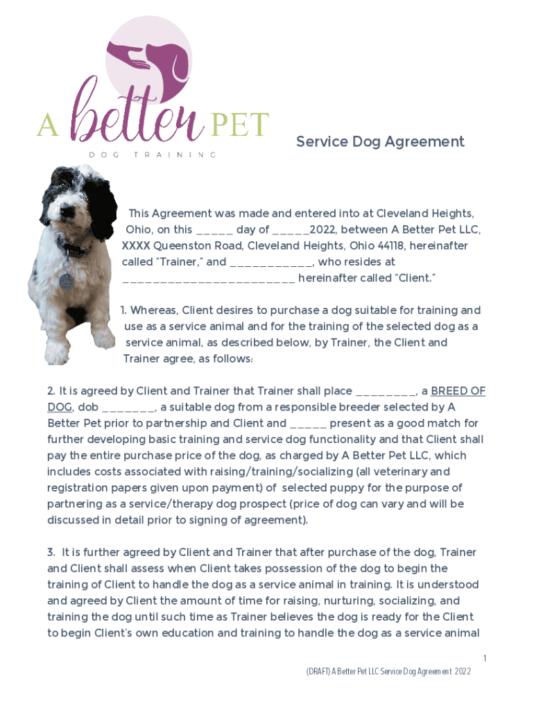 Fillable Online 2022 Service Dog Contract Draft Sample (ADDRESS) Fax ...