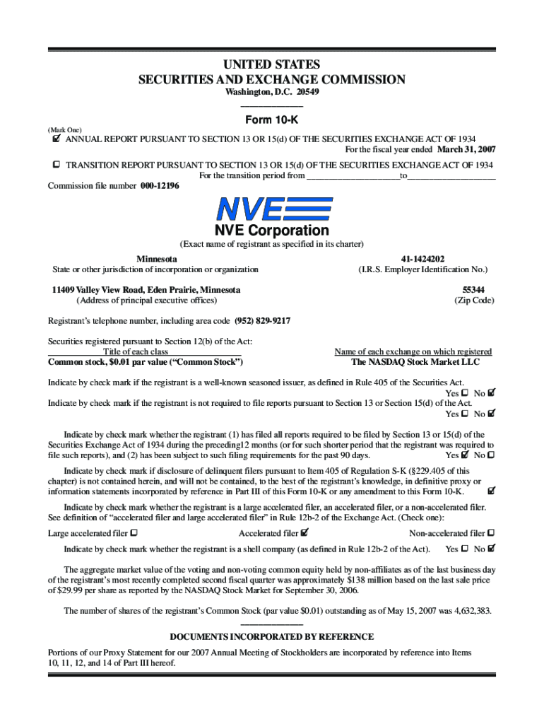Fillable Online NVE Corporation. 2007 Annual Report on Form 10-K Fax ...