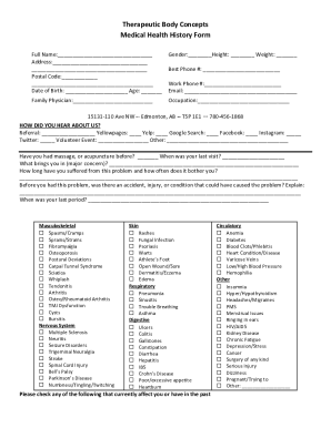 Fillable Online Health History FormTherapeutic Body Concepts Fax Email ...