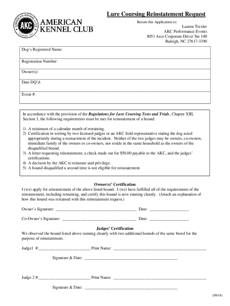 Fillable Online images akc Lure Coursing Reinstatement Request ...