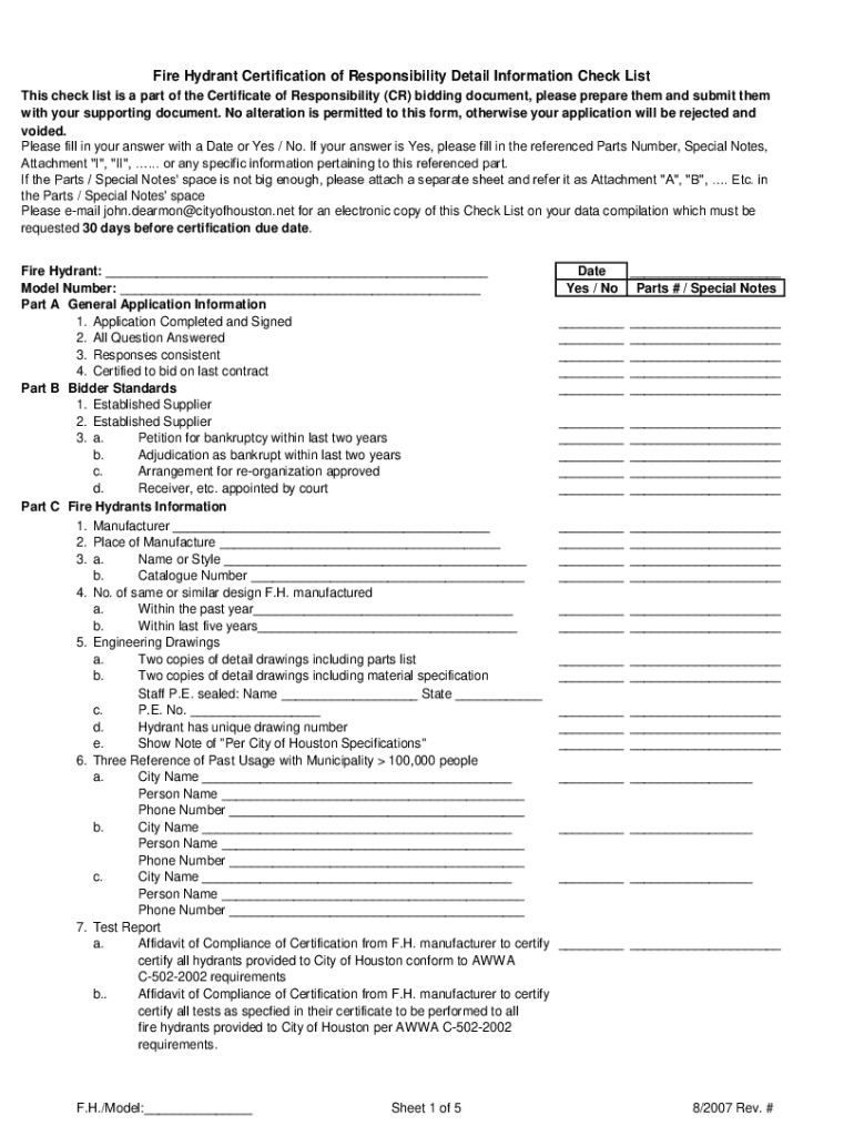 Fillable Online Fire Hydrant Certification of Responsibility Detail ...