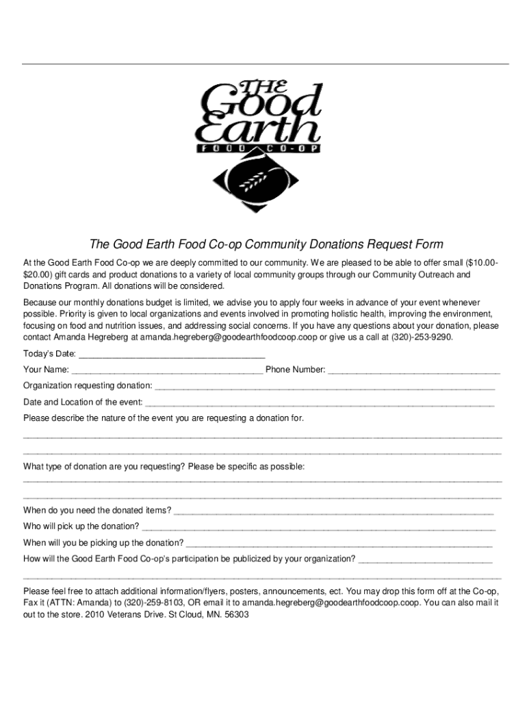 Fillable Online The Good Earth Food Co-op Community Donations Request ...