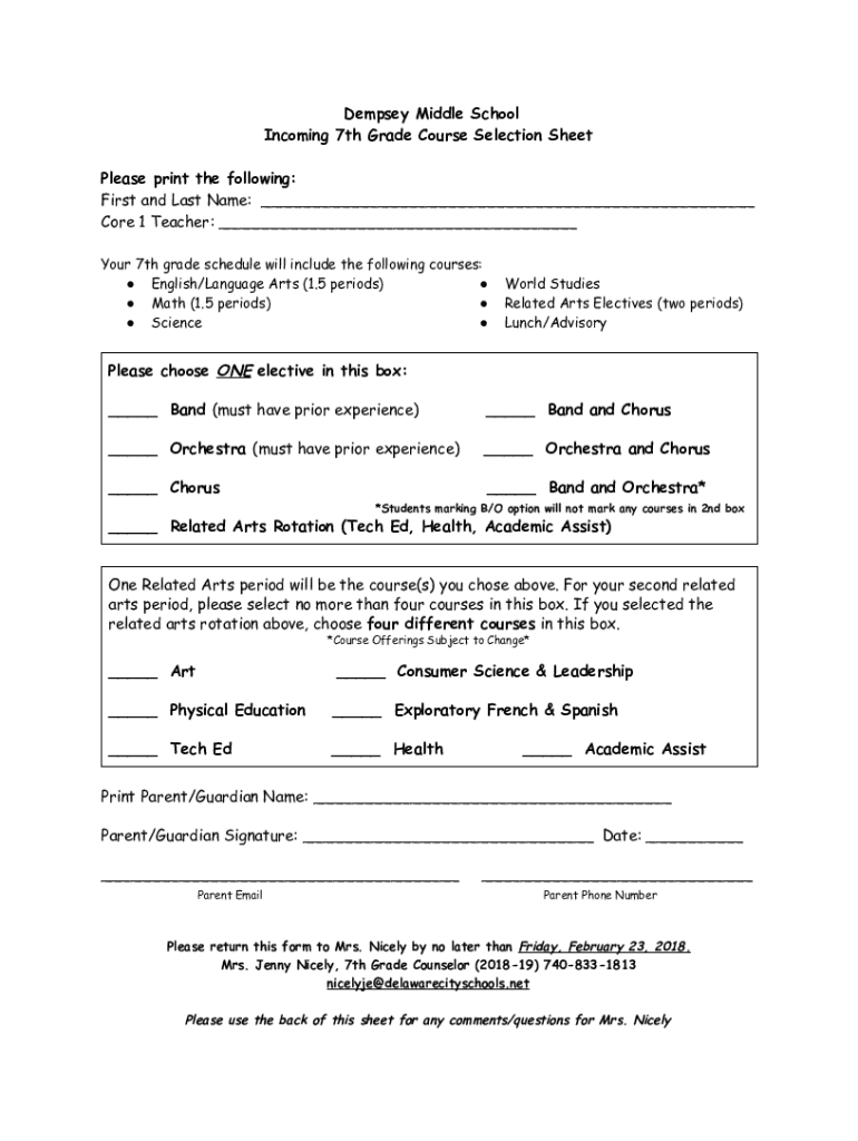 Fillable Online Dempsey Middle School Incoming 7th Grade Course ... Fax ...